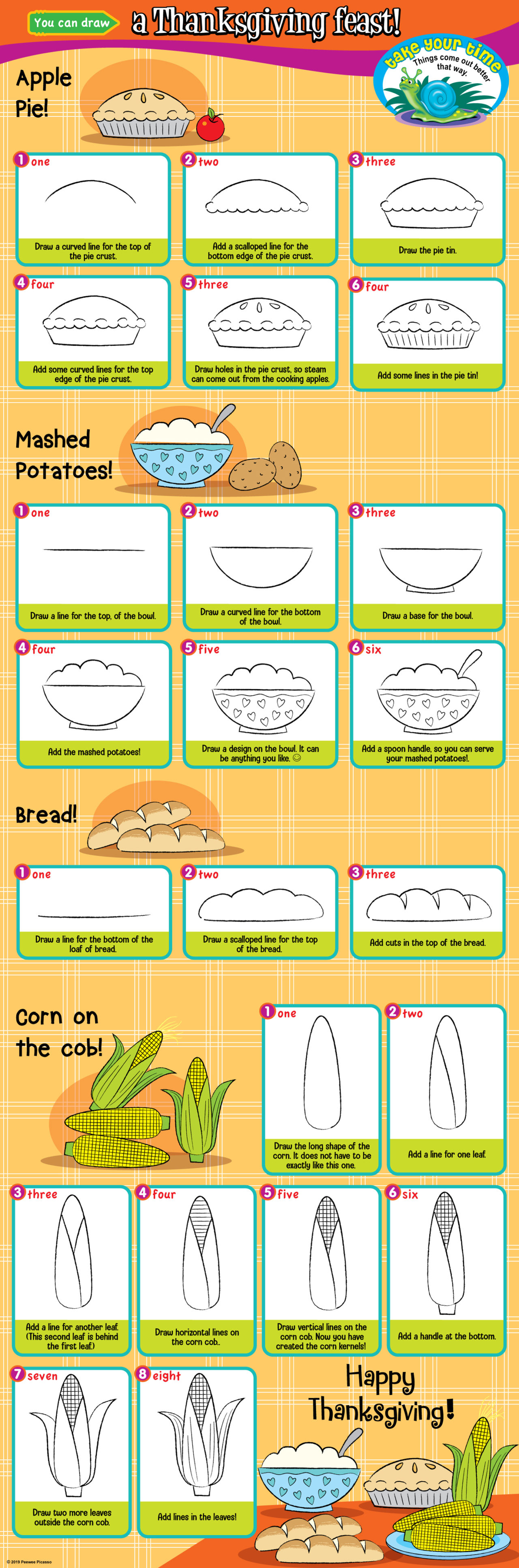 Draw a Thanksgiving Feast! in easy steps for kids - Peewee Picasso